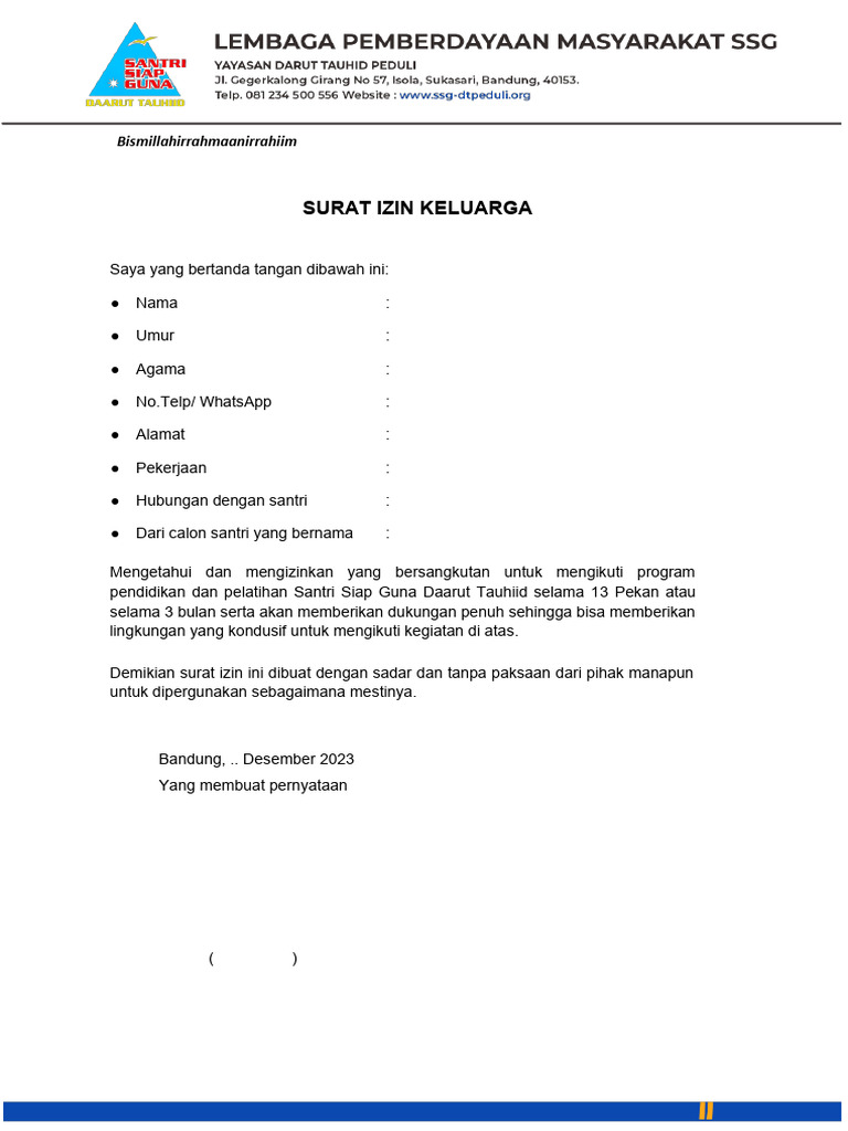 Surat Izin Orang Tua SSG | PDF