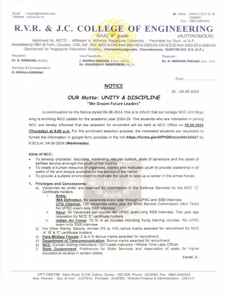 Notice - Enrolment NCC Cadets Boys Wing - 2024-25 | PDF