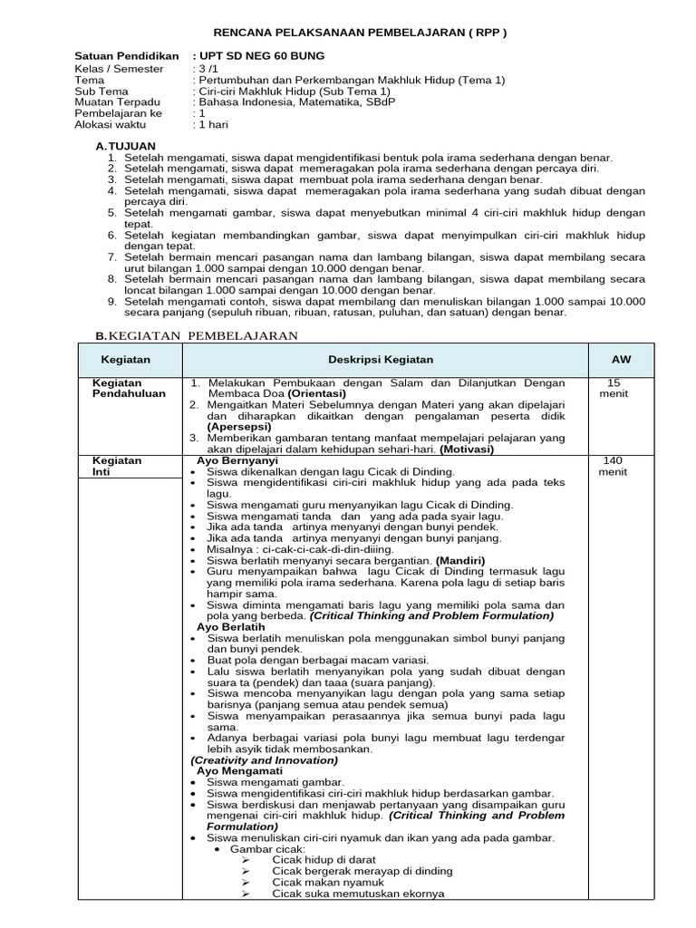 RPP Kelas 3 Tema 1 | PDF