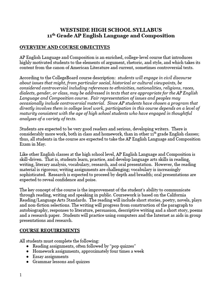 AP Lang 2022-2023 SyllabusWestside | PDF