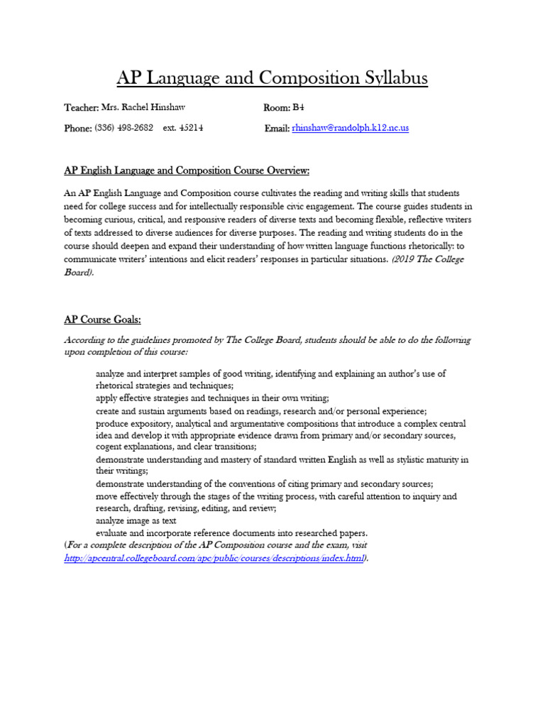 AP Lang and Comp Syllabus 22-23 | PDF