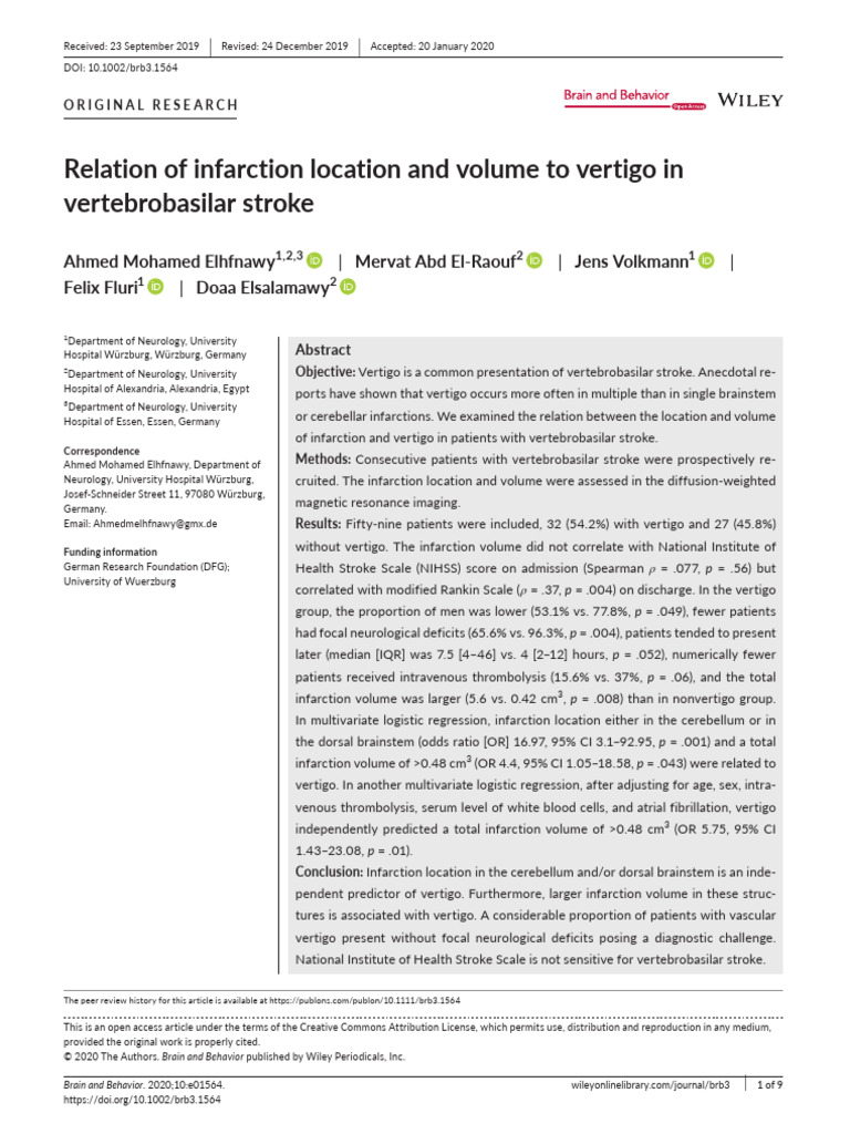 Relation of Infarction Location and Volume To Vertigo in ...