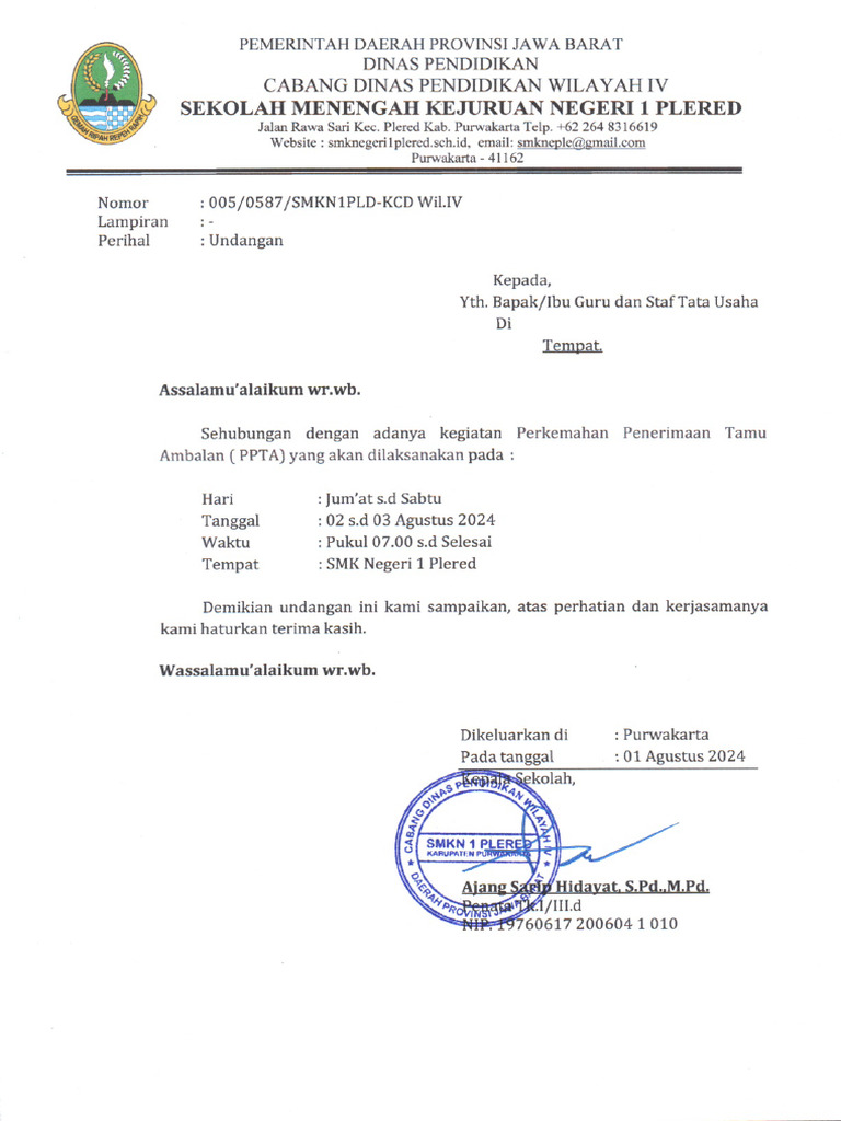 Undangan Ppta Untuk Guru Dan Staf Tu | PDF
