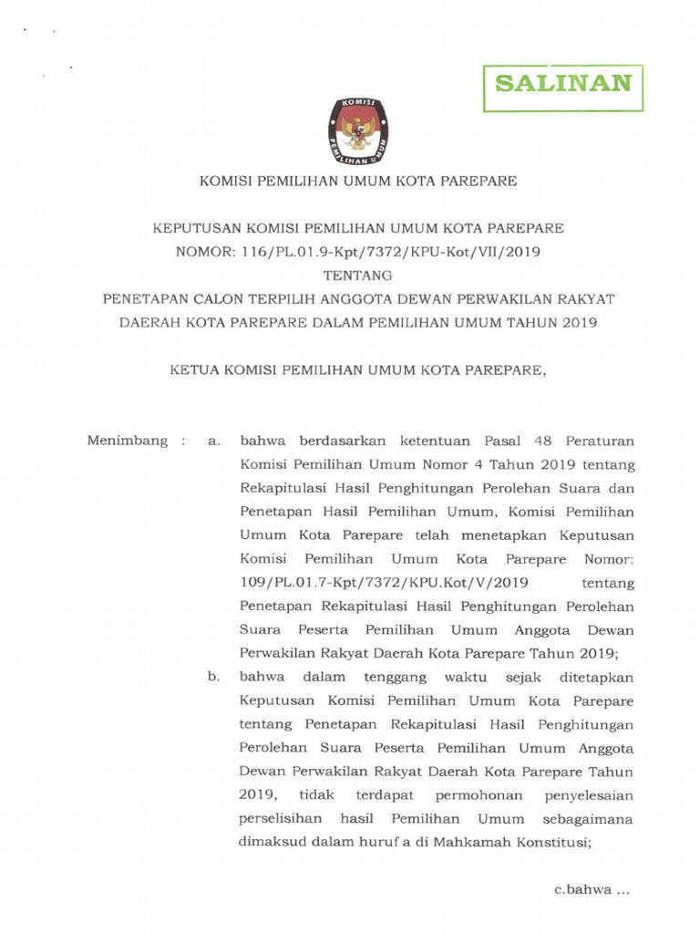 SK KPU Tentang Calon Terpilih DPRD Kota Parepare | PDF