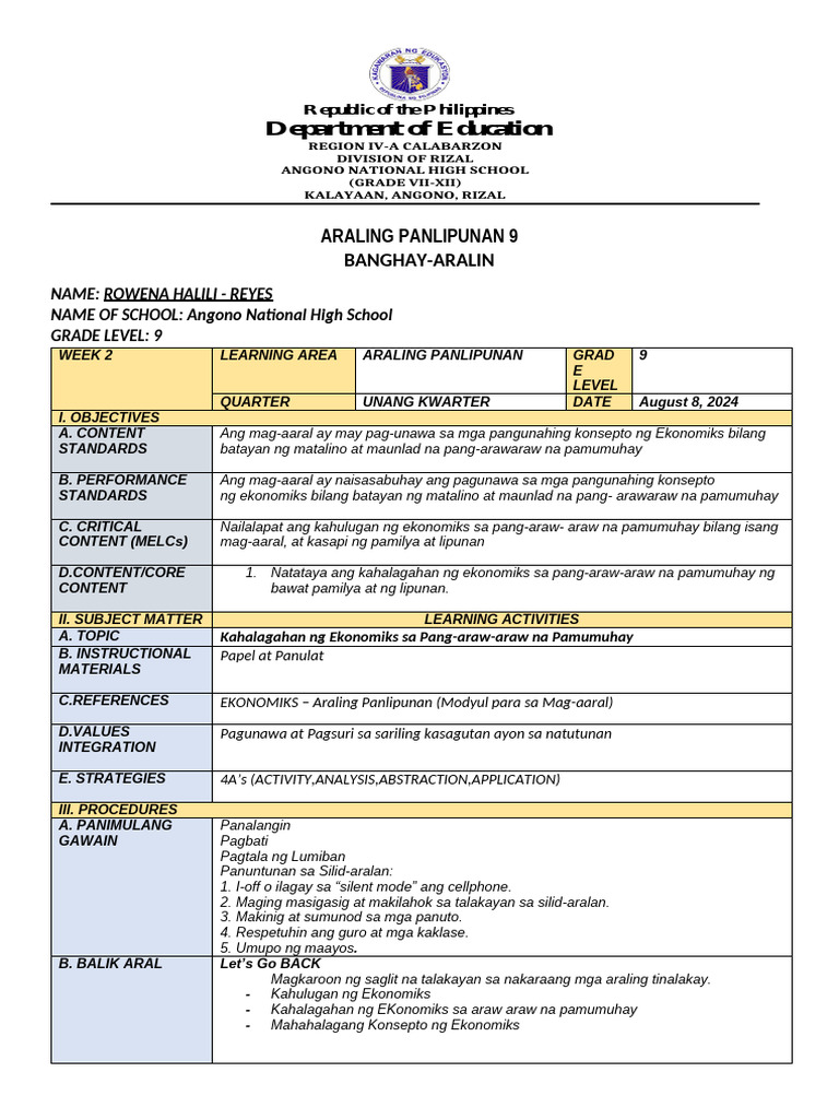 2023-2024-DLL-AP9-Quarter 1 - MELC 2 | PDF