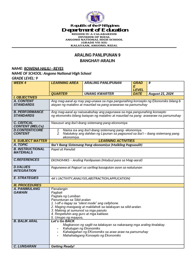 2023-2024-DLL-AP9-Quarter 1 - MELC 3 - Quiz | PDF