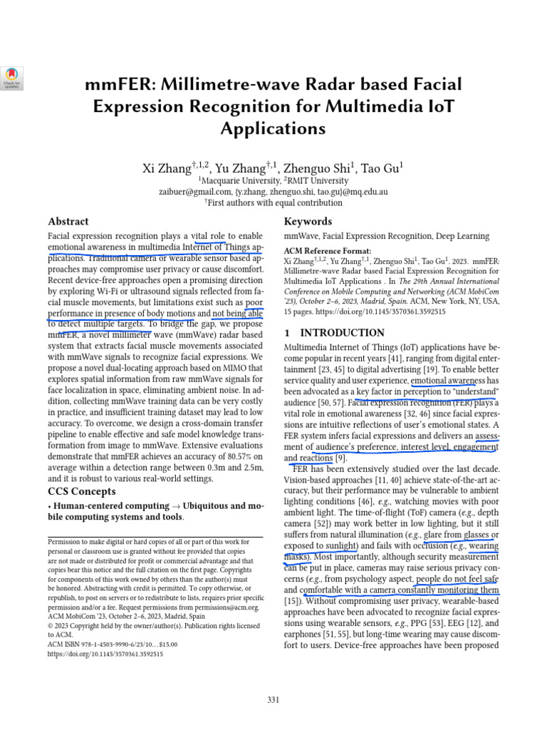mmFER: Millimetre-Wave Radar Based Facial Expression Recognition For Multimedia IoT Applications ...