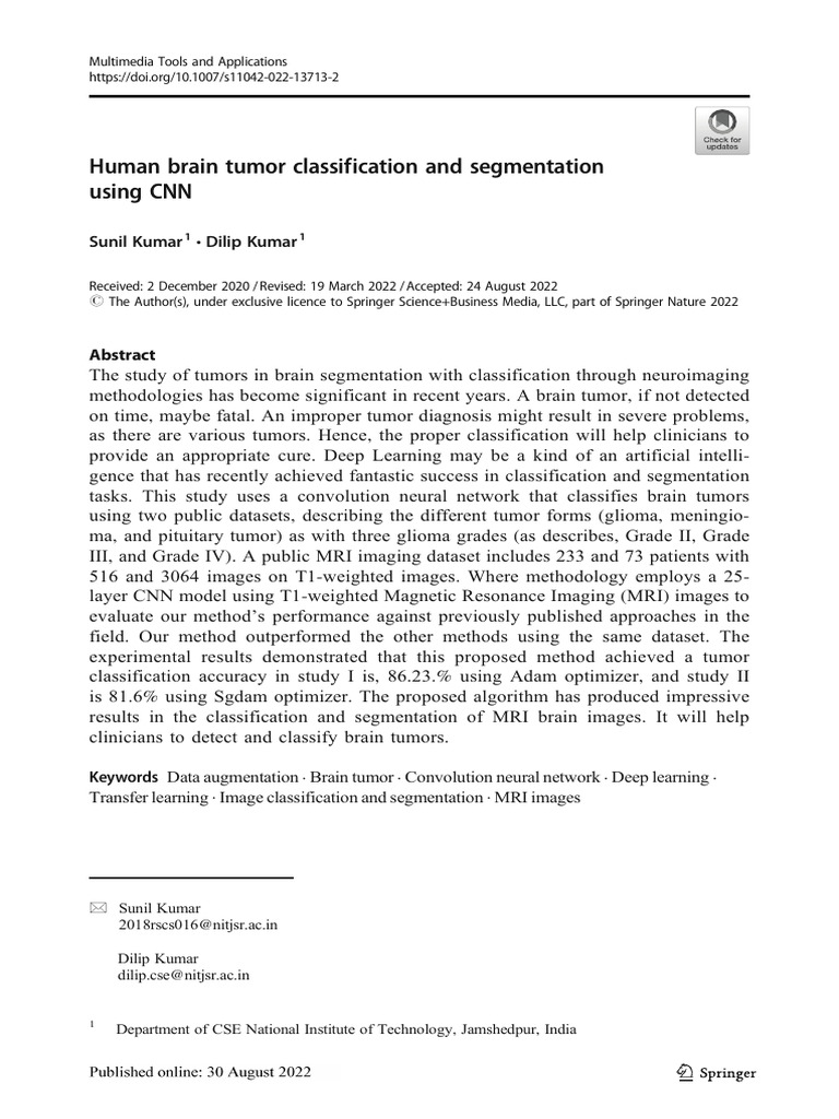Human brain tumor classification and segmentation using CNN | PDF
