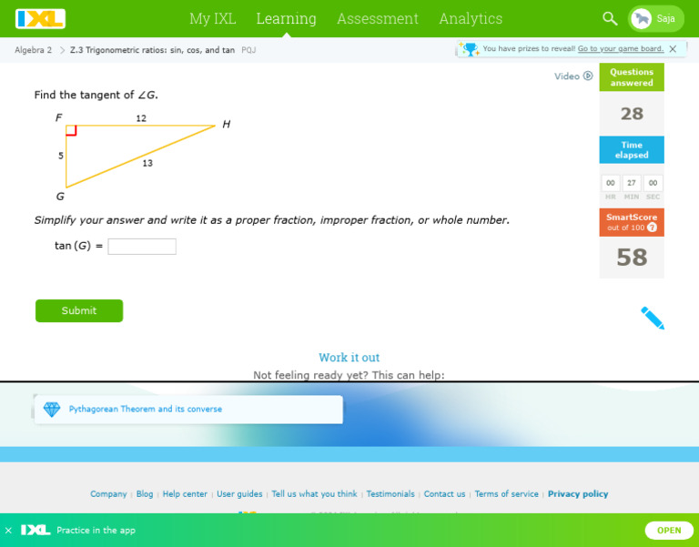 IXL - Trigonometric Ratios Sin, Cos, And Tan (Algebra 2 Practice) | PDF