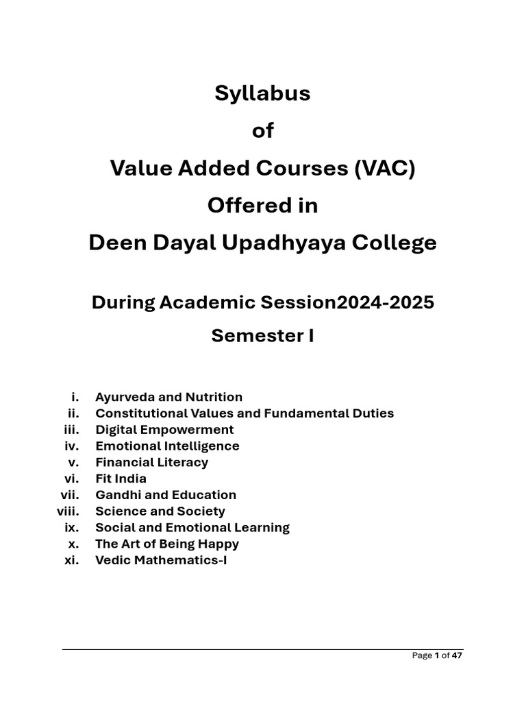 Syllabus of VAC Offered During 2024 2025 For Semes - 240903 - 215834 | PDF