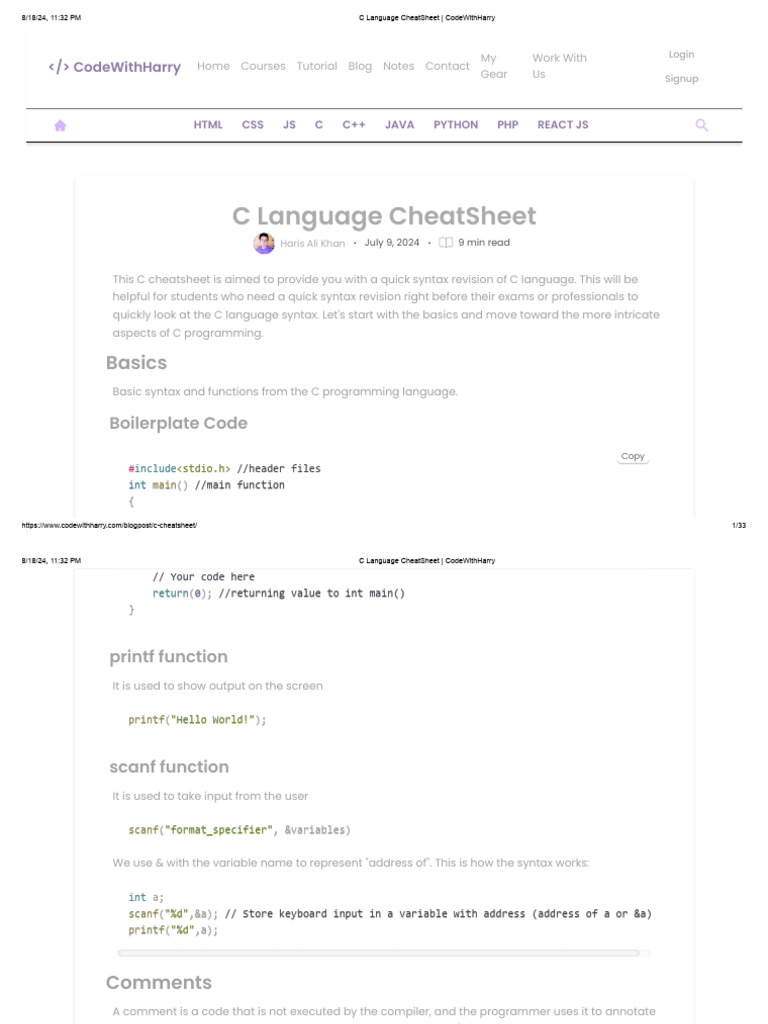 C Language CheatSheet - CodeWithHarry | PDF
