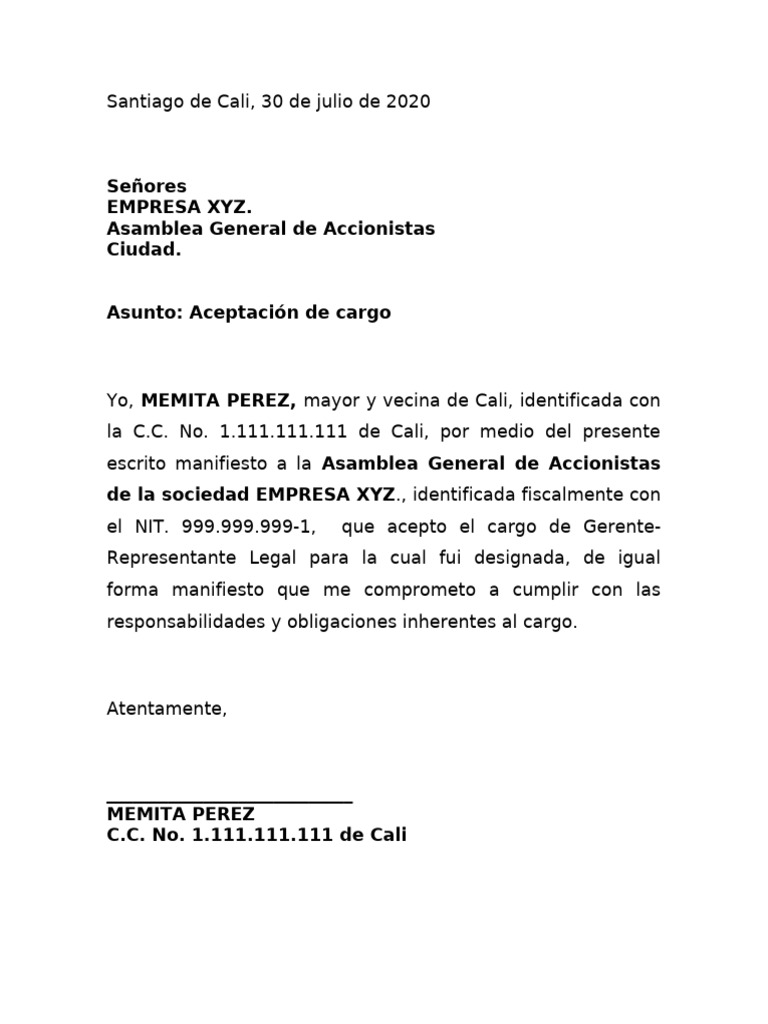 Formato Carta Aceptacion-cargo Representante Legal | PDF