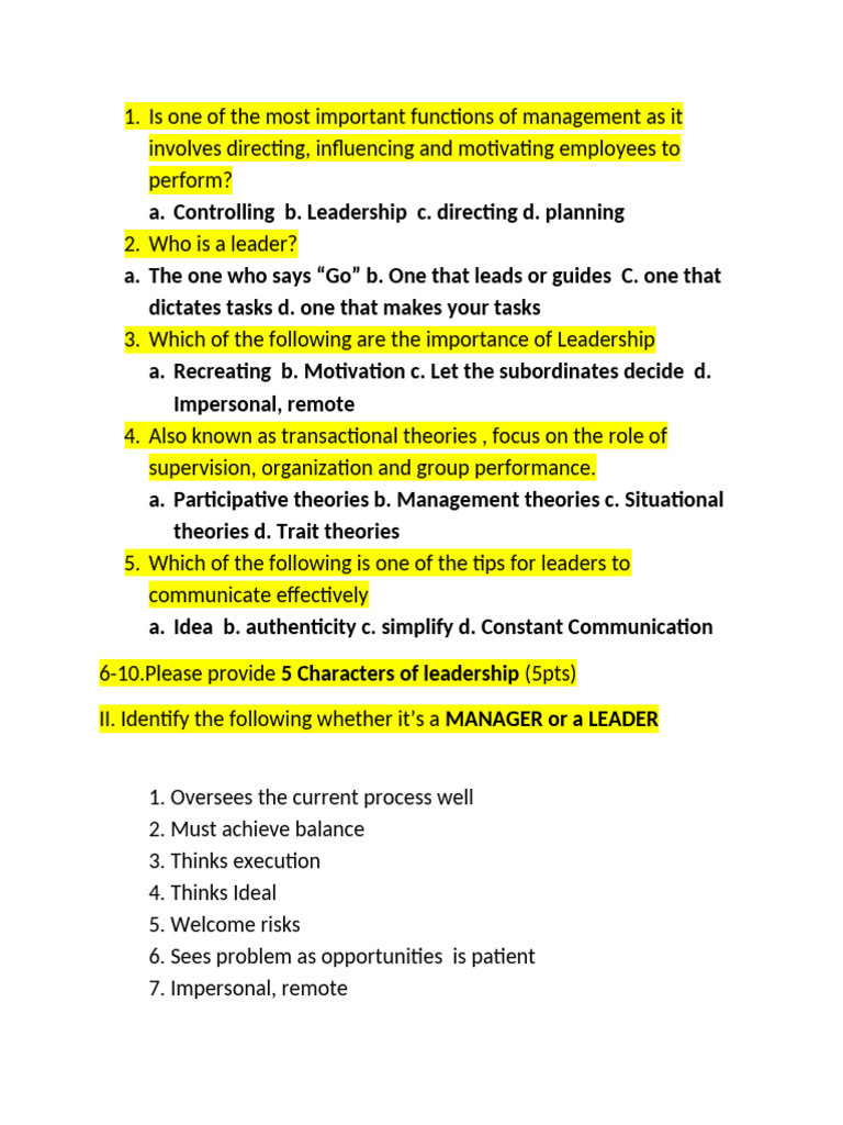 Leading 1st quiz | PDF