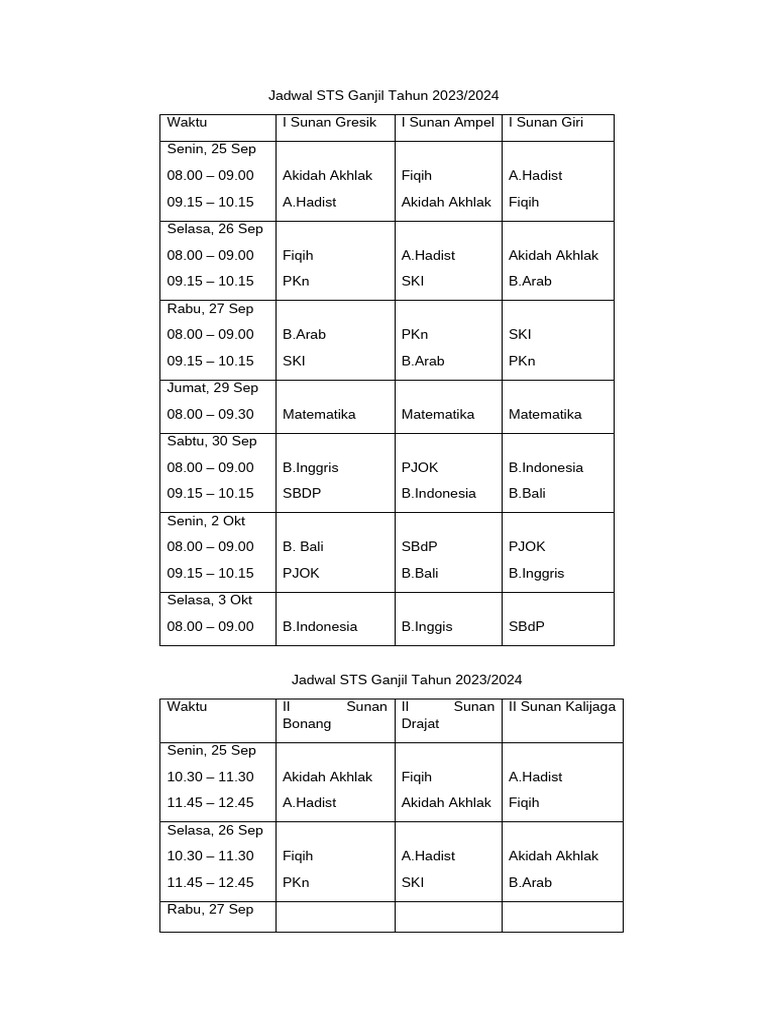Jadwal STS Ganjil Tahun 2023 | PDF