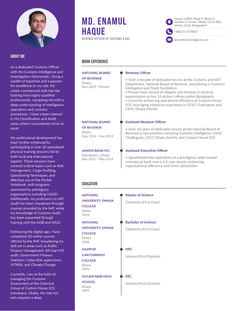 Resume Md. Enamul Haque (RO of Customs& VAT) | PDF