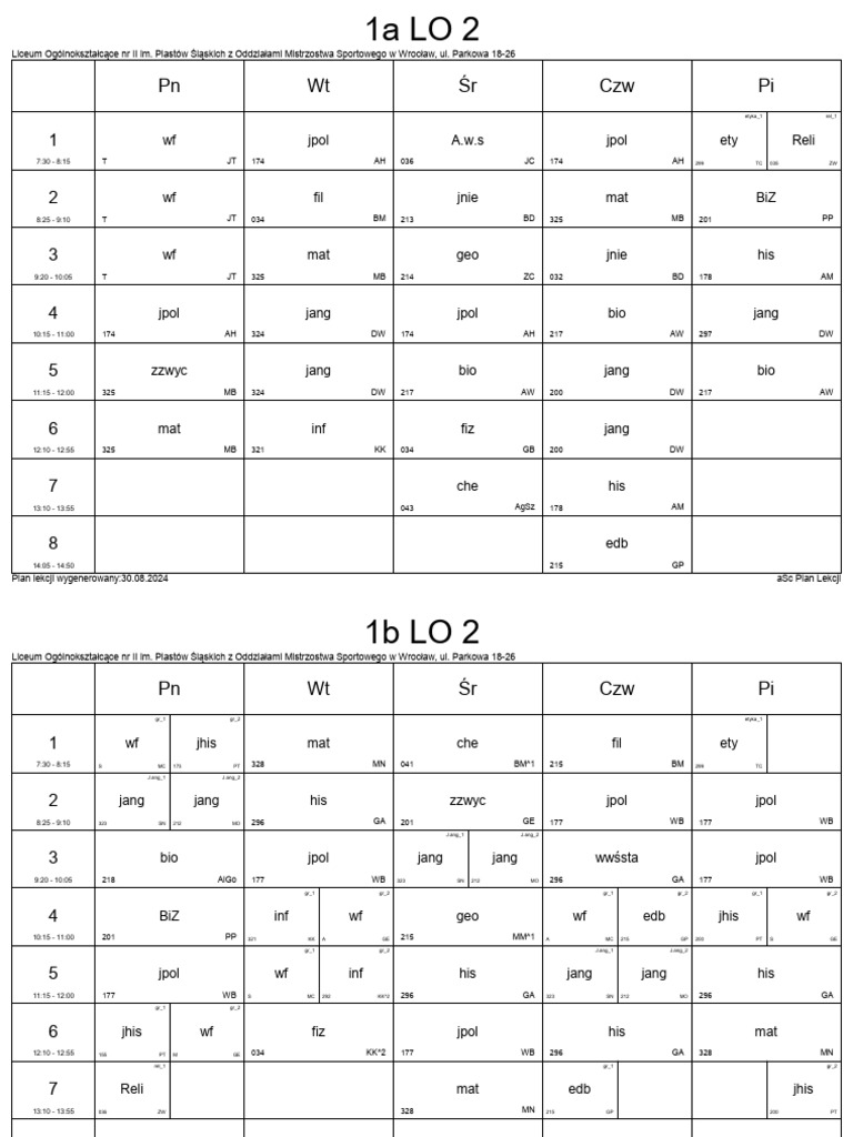 Plan Zajec Uczniowie 02.09.2024 | PDF