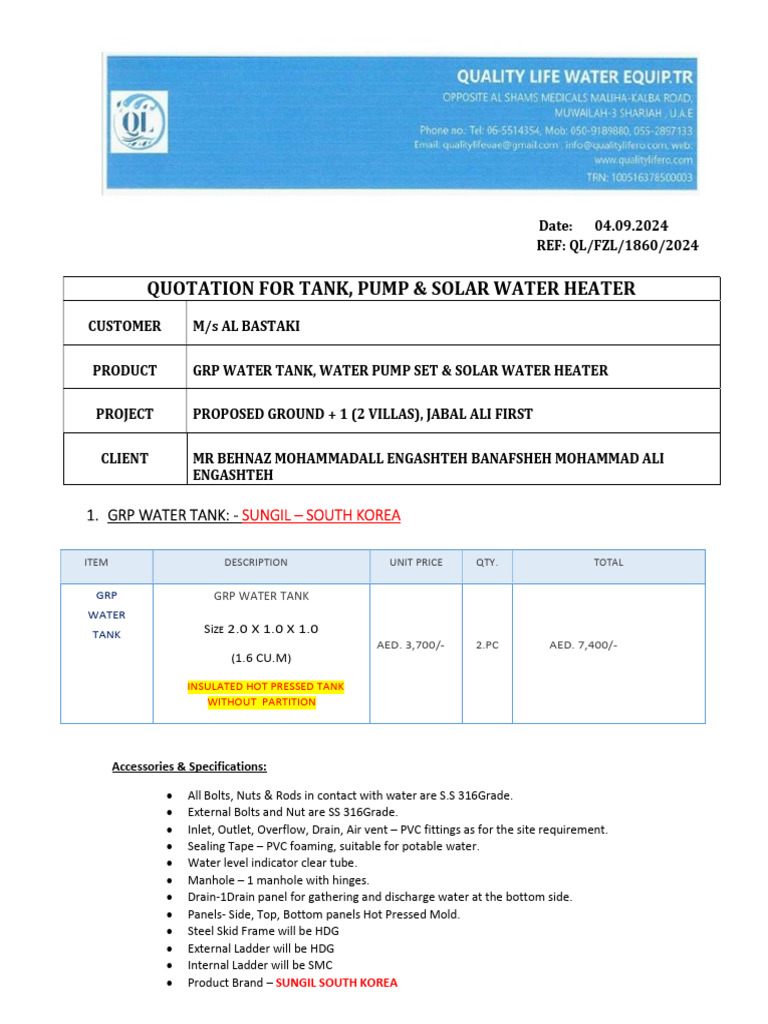 Quotation For Tank, Pump & Solar Water Heater | PDF