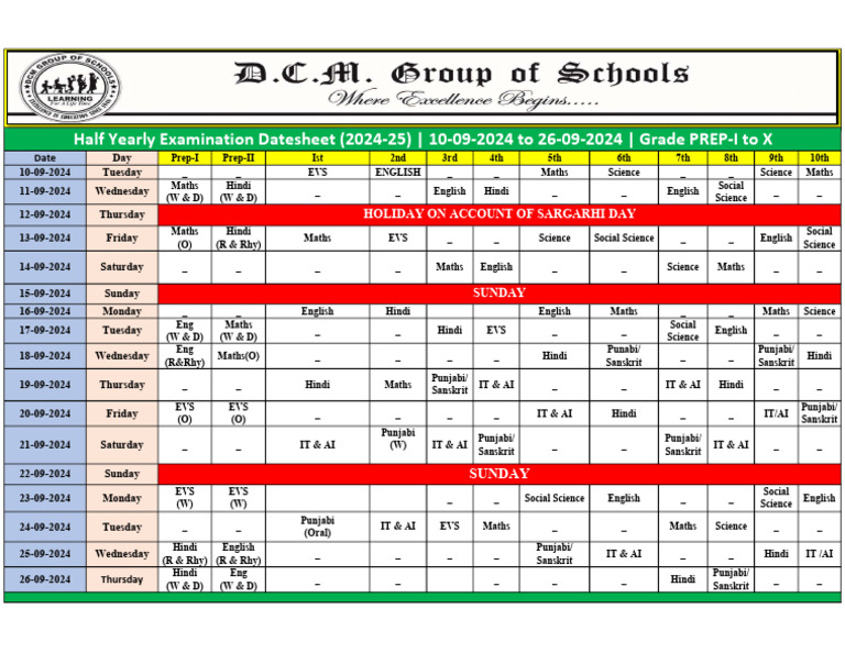 HALF YEARLY 2024-25 CBSE DATESHEET (Grade - (Prep-I-X) ) V - 4. | PDF