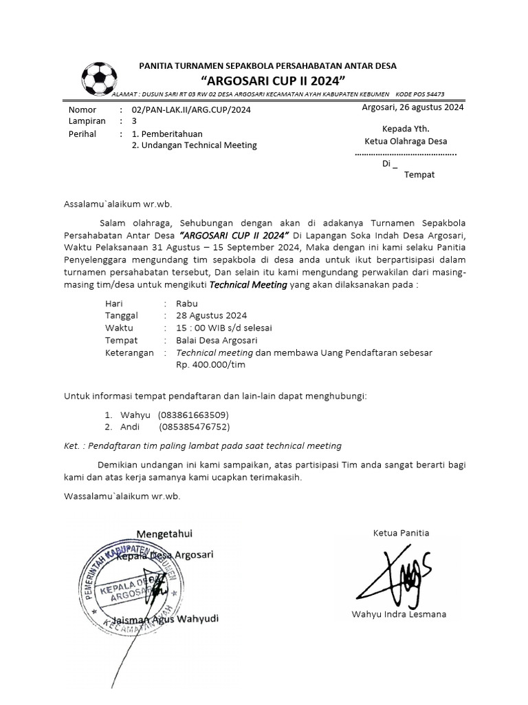 Undangan Turnamen Sepakbola Persahabatan Antar Desa ARGOSARI CUP II ...