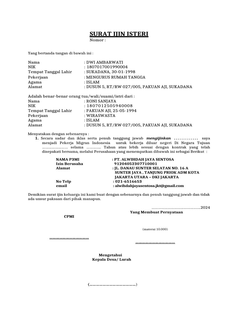 Surat Ijin Orang Tua Roni Sanjaya | PDF