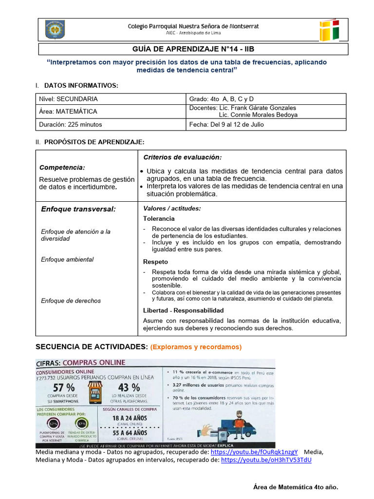 GUIA DE APRENDIZAJE N14 - 4 Secundaria 2024 | PDF