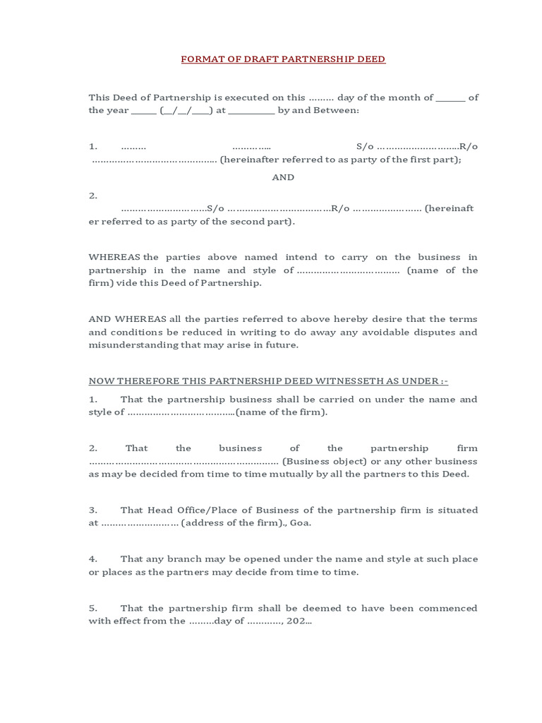 Format of Draft Partnership Deed | PDF