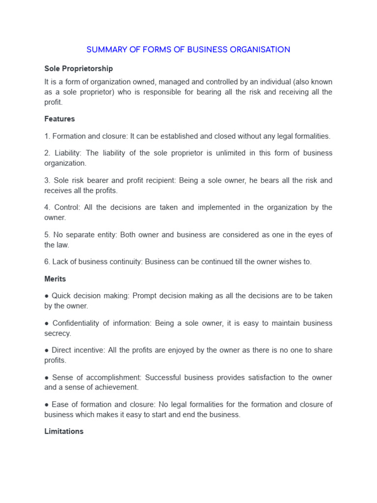 FORMS OF BUSINESS ORGANISATION | PDF