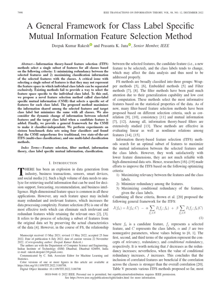 A General Framework For Class Label Specific Mutual Information Feature Selection Method | PDF
