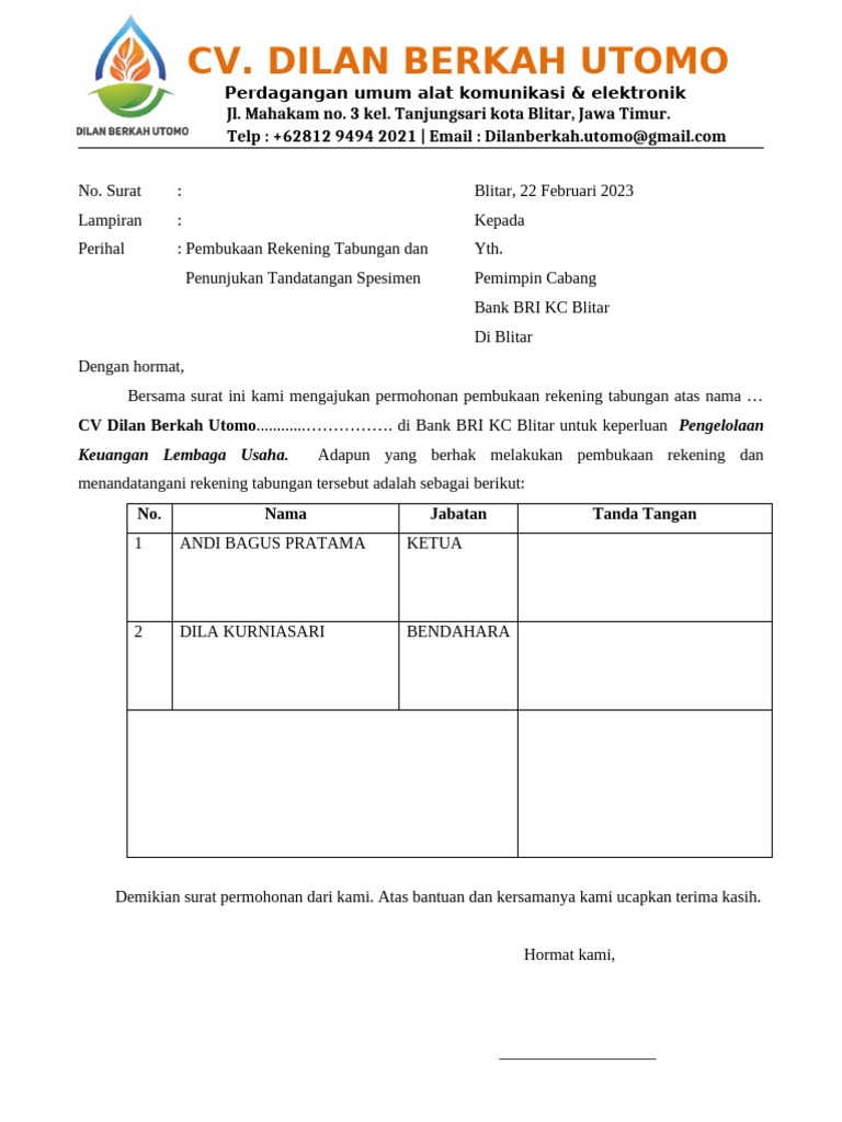 Contoh Permohonan Buka Rek Lembaga-1 | PDF