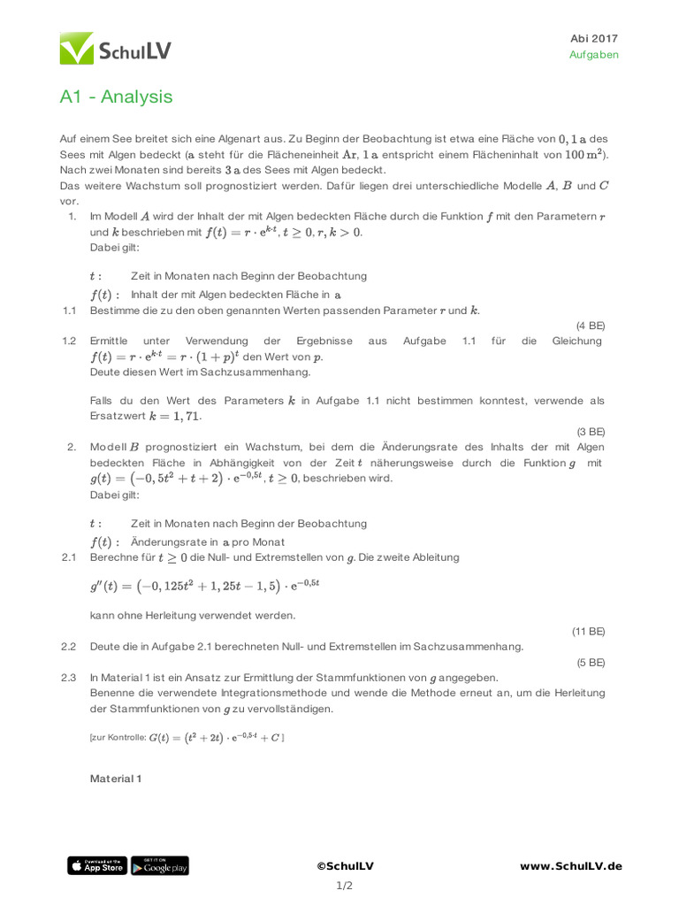 Aufgaben Mathe Hessen Abitur LK WTR 2017 A1 Analysis | PDF