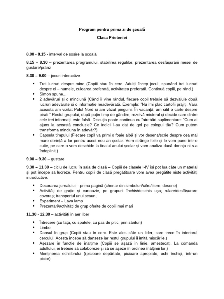 Program Prima Zi de Școală | PDF