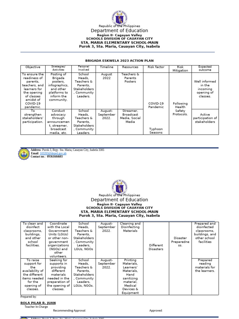 Smes Brigada-Eskwela-2023-2024 Action-Plan | PDF