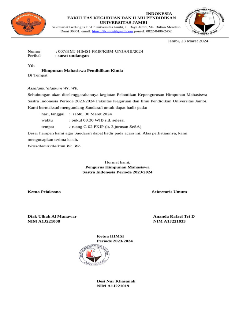 Undangan Pelantikan HIMSI - Hima Pendidikan Kimia | PDF