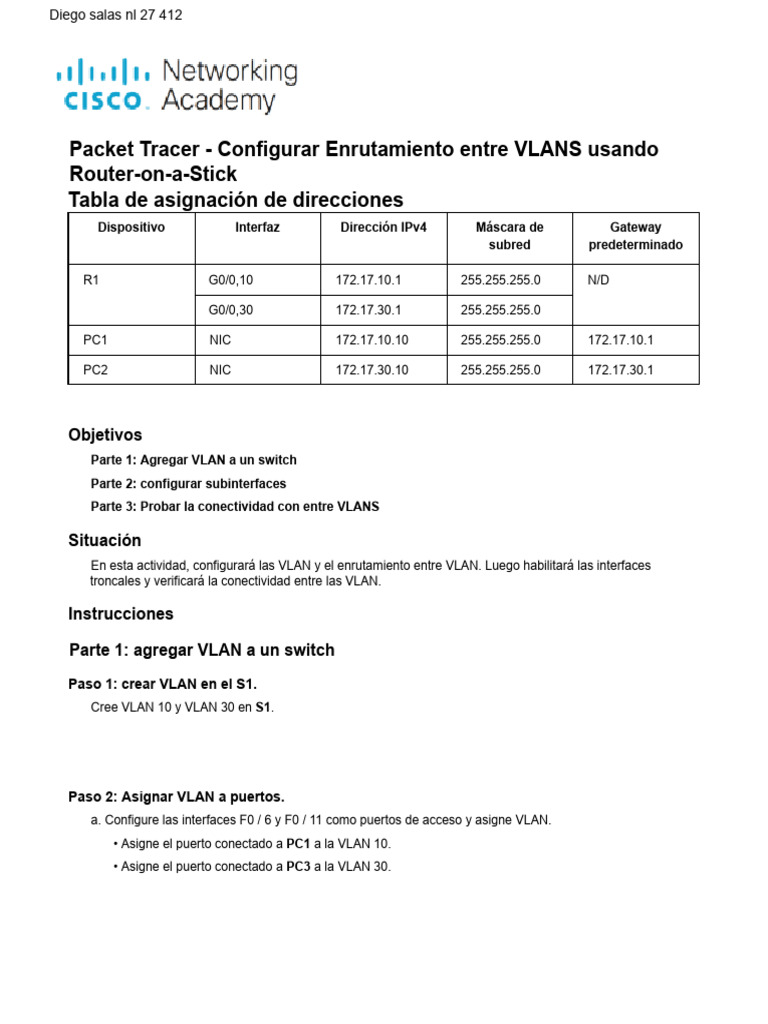 4 2 7 Packet Tracer Configure Router On A Stick Inter Vlan Routing Es Xl Pdf