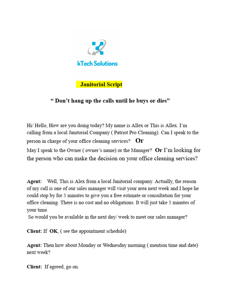 Janitorial Script KTech Solutions | PDF
