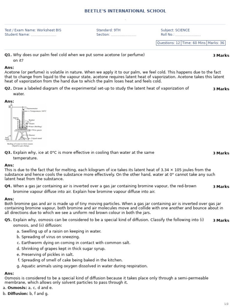 Worksheet BIS 9TH SCIENCE Answersheet | PDF