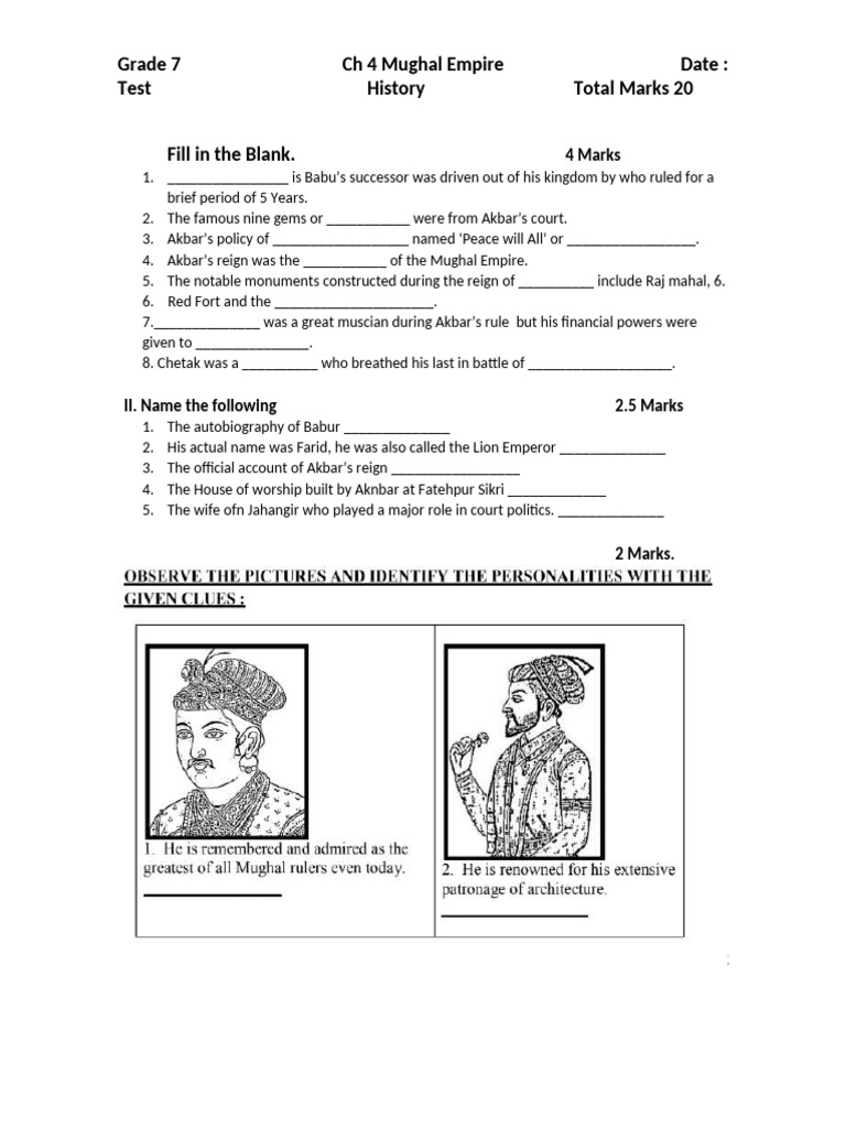 Grade 7 - Mughal Empire Test | PDF