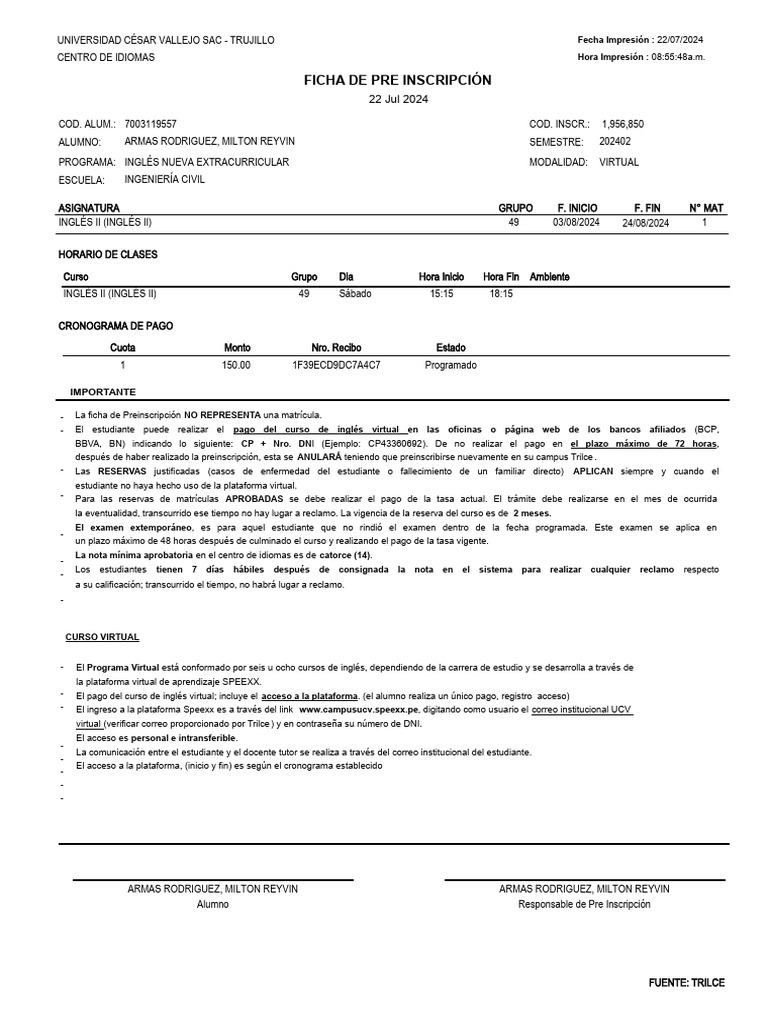 Fichapreinscripcionweb Armas Rodriguez Milton Reyvin 2272024 | PDF