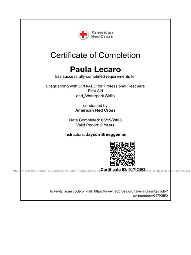 American Red Cross Lifeguard Certificate | PDF