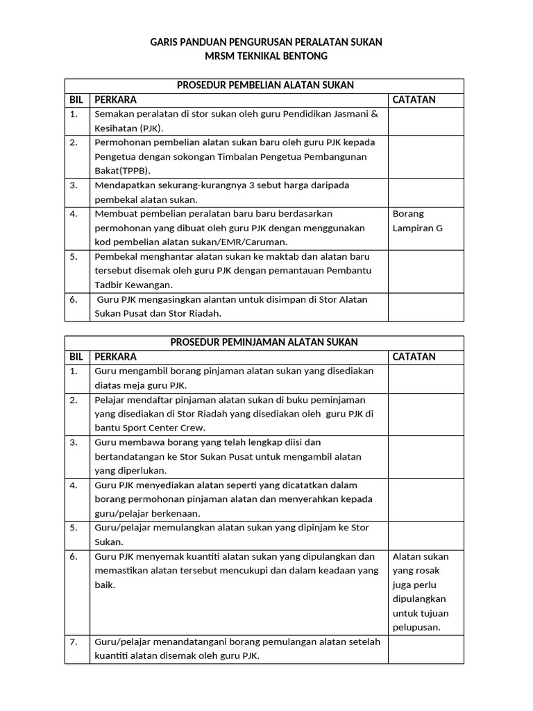 Garis Panduan Pengurusan Peralatan Sukan | PDF