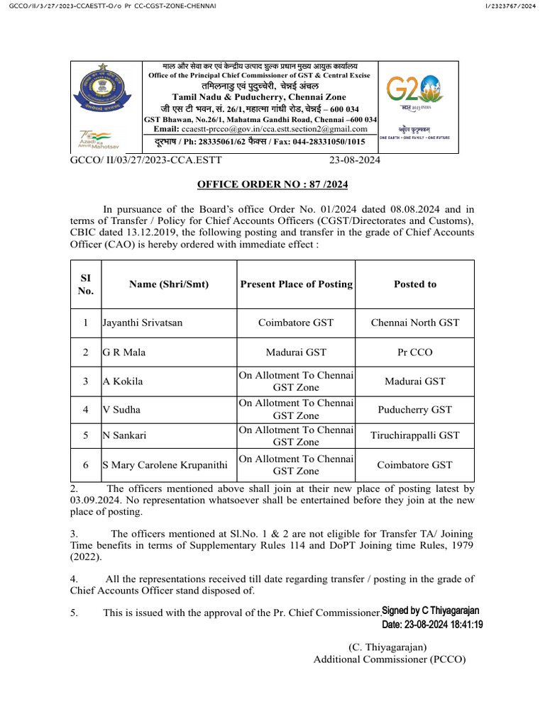 Order No 87 - 2024 - Posting & Transfer in CAO Cadre | PDF