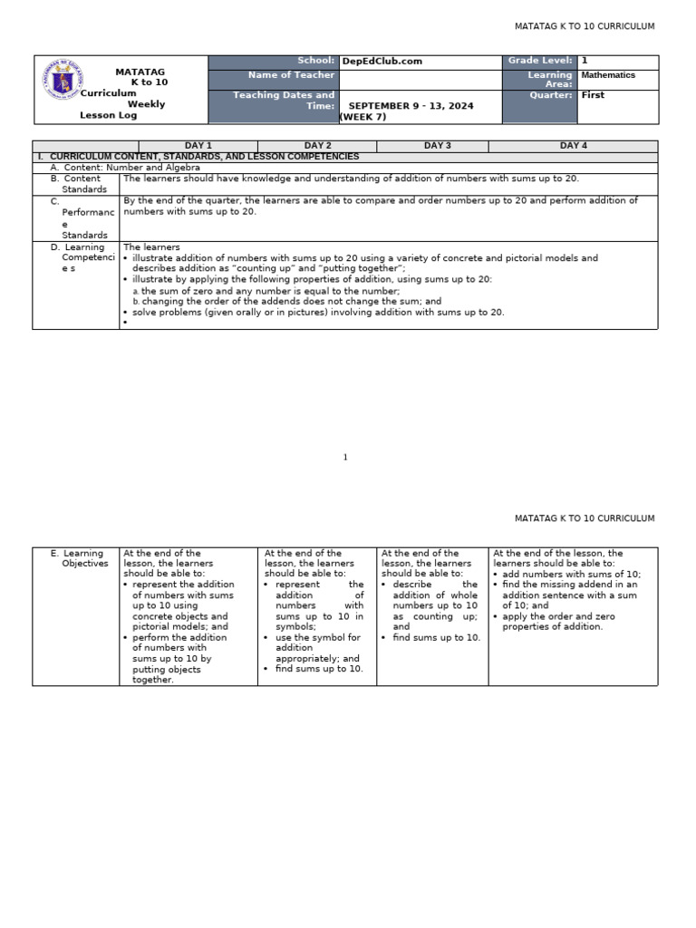 DLL MATATAG_MATHEMATICS 1_Q1_W7 | PDF