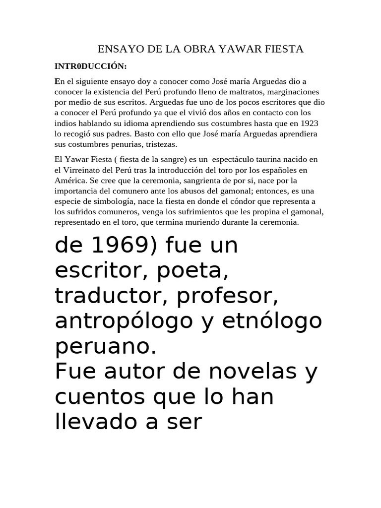 Ensayo de La Obra Yawar Fiesta | PDF