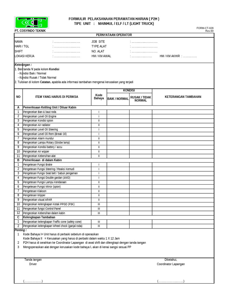 Formulir P2H untuk Kendaraan LV | PDF | Bisnis | Teknologi & Rekayasa