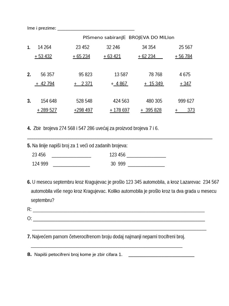 Pismeno Sabiranje Brojeva Do Milion Vezba | PDF