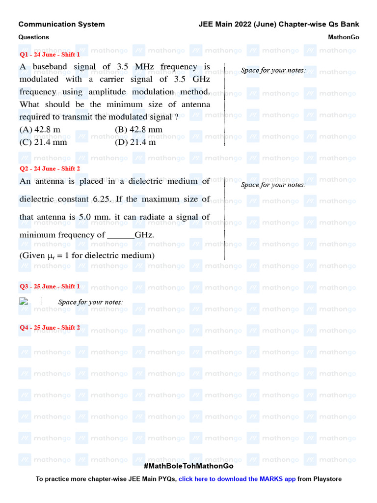 Communication System - JEE Main 2022 Chapter Wise Questions by MathonGo | PDF