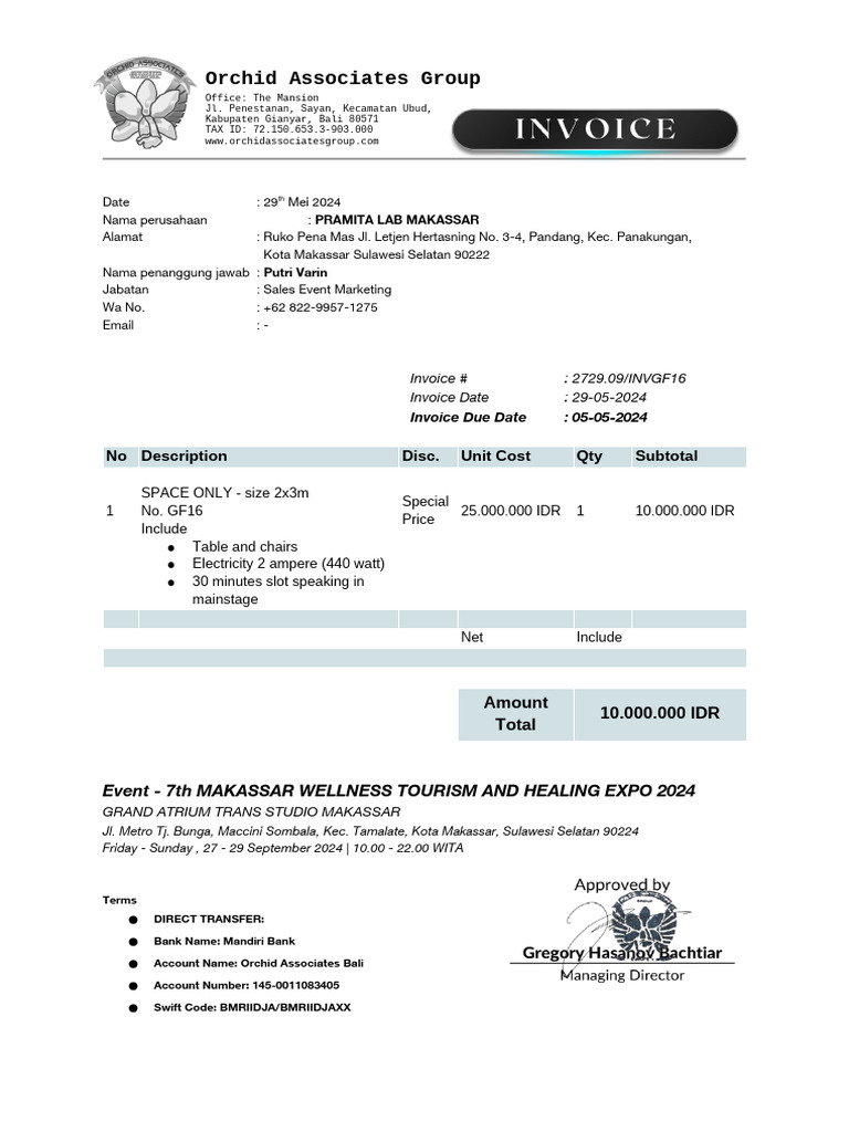 PRAMITA LAB - Invoice For 7th Makassar Wellness Tourism and Healing ...