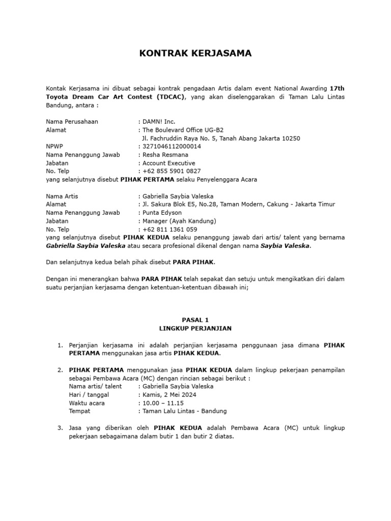 Draft Kontrak Kerjasama Artis | PDF