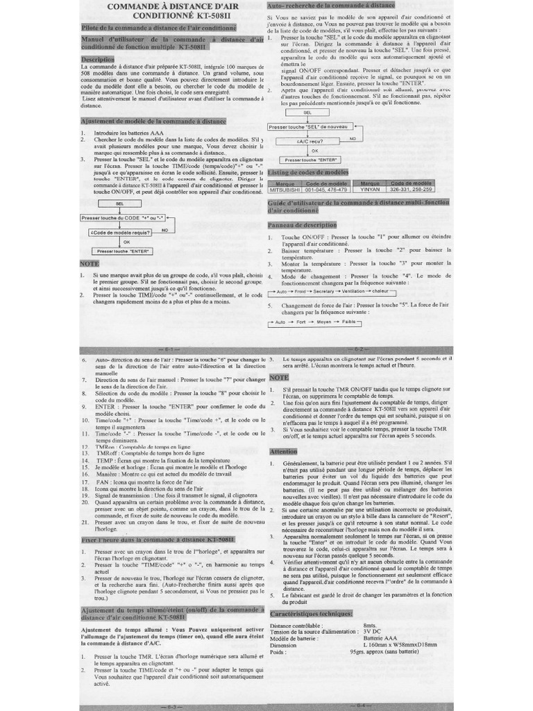 3052 Notice Telecommande Universelle Climatiseurs KT508II | PDF