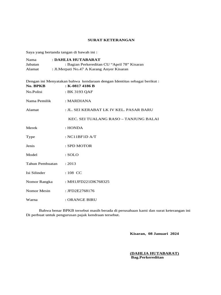 SURAT KETERANGAN Mengurs BPKB Yang Masi Tinggal Di Cu | PDF